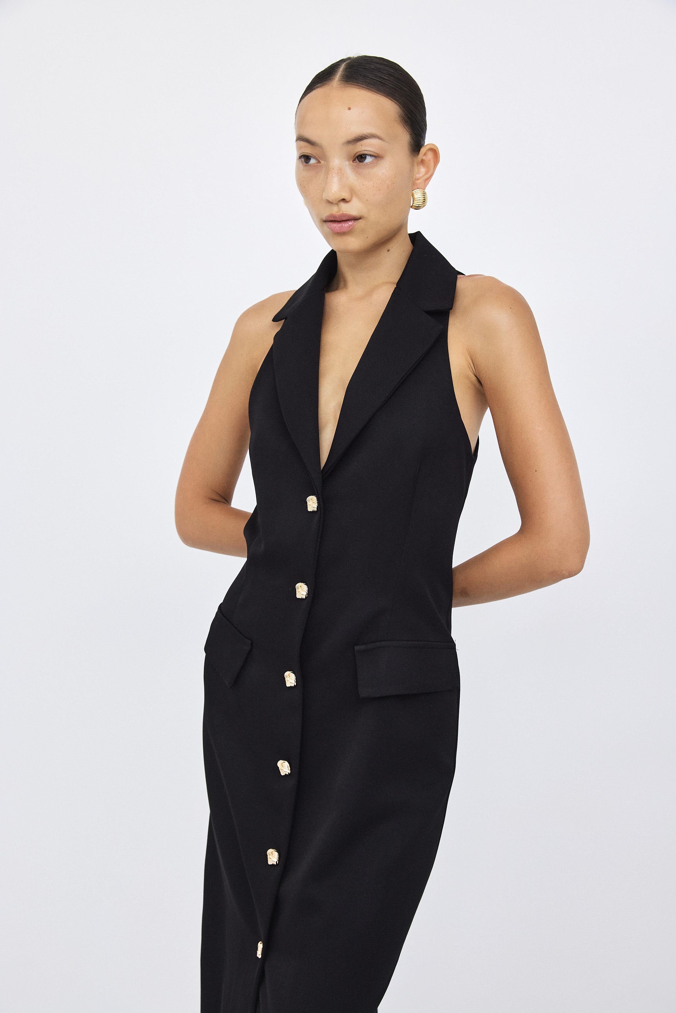 Collared Dress with Gold Buttons – Bow-M